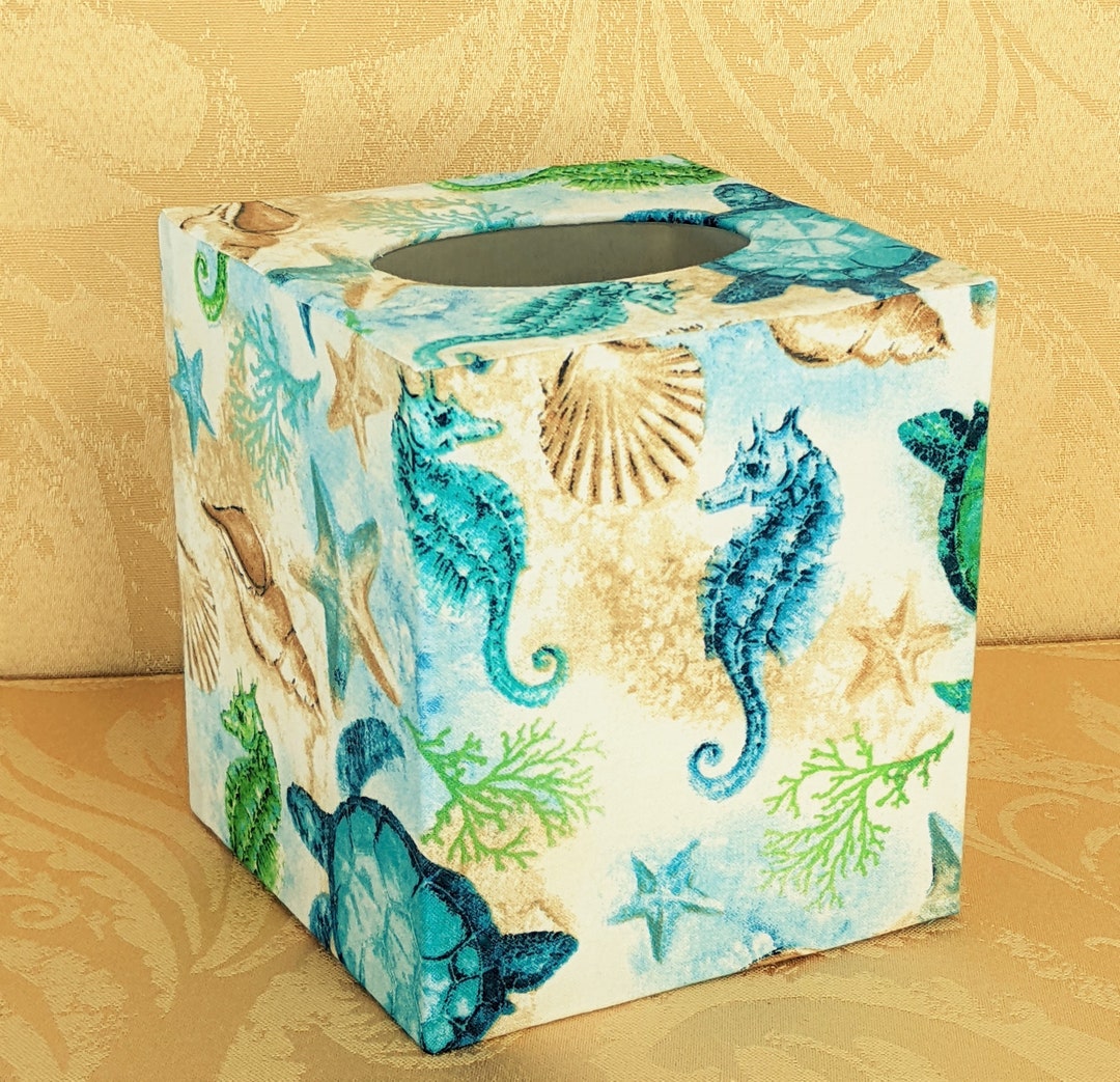 Sea Horses, Sea Turtles, Seashells Beach Decor Square Tissue Box Cover ...