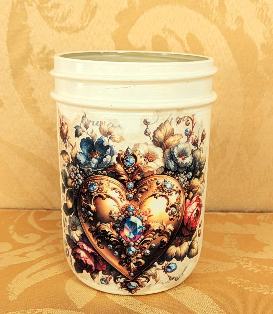 Jeweled Heart, Design Number Three, Decoupaged Pint Mason Jar, Pen and ...