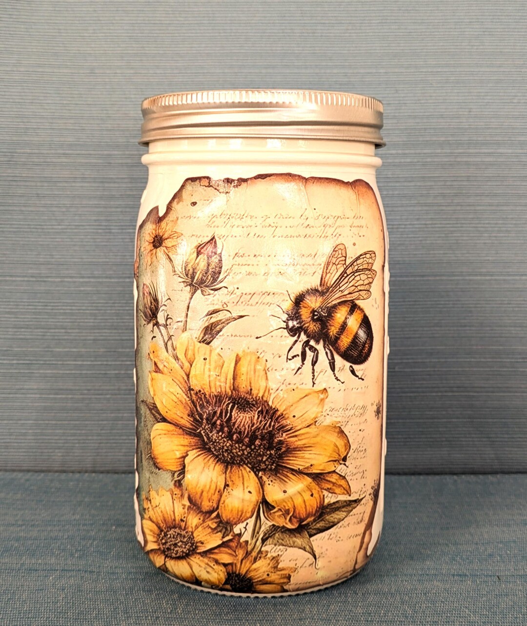 Bee and Flower Decoupaged Quart Mason Jar, Rustic, Country Decor - Etsy