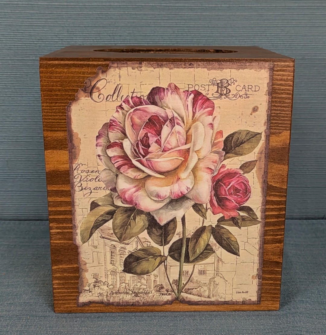 Rose Flower Wood Square Tissue Box Cover, Rustic, Decoupaged - Etsy