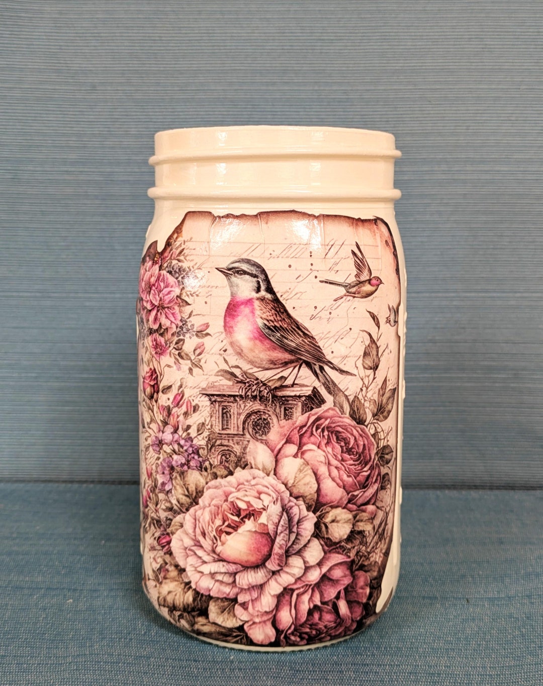 Bird and Flowers Decoupaged Quart Mason Jar, Rustic, Country Decor ...