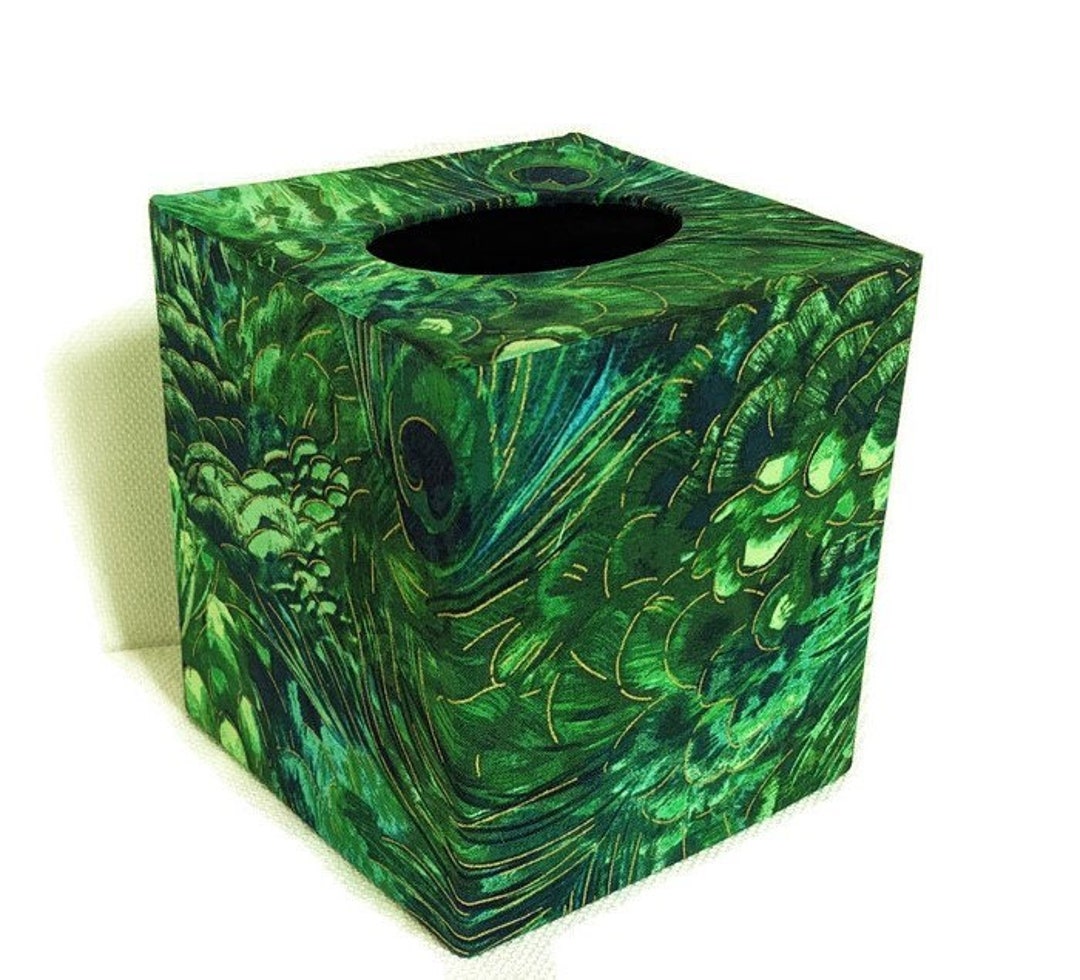 Green Peacock Feather Toss Square Tissue Box Cover - Etsy