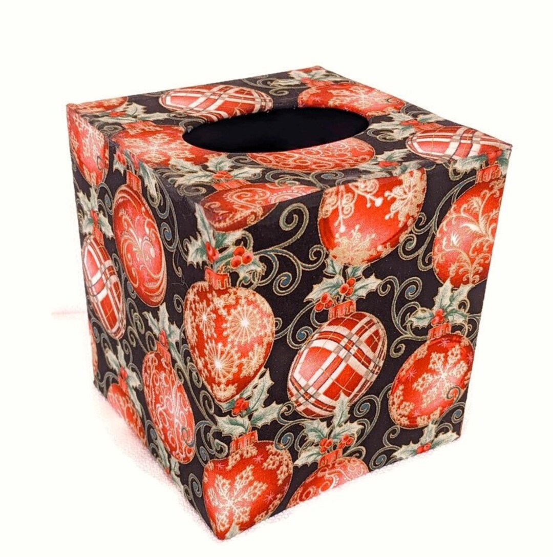 Red and Gold Christmas Ornaments and Holly Decorative Square Tissue Box ...