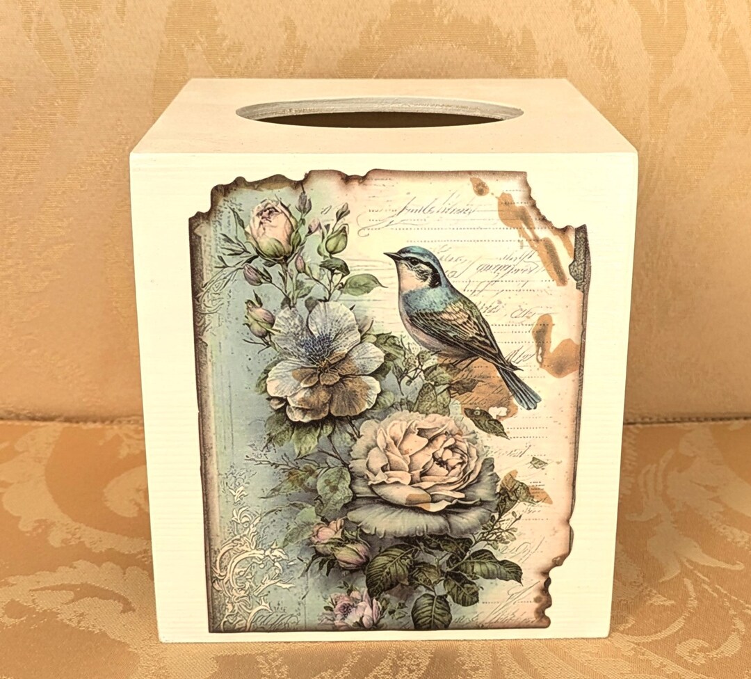 Bird and Flower Decoupaged Papers on Vintage White Painted Wood, Square ...
