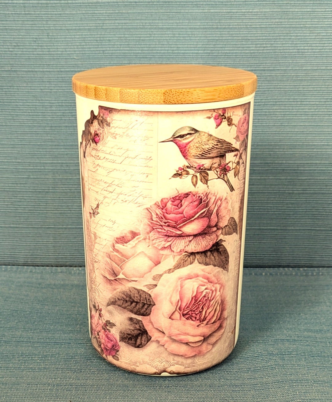 Bird and Pink Roses Glass Jar, Decoupaged, With Wood Lid, 3 1/2 X 6 ...