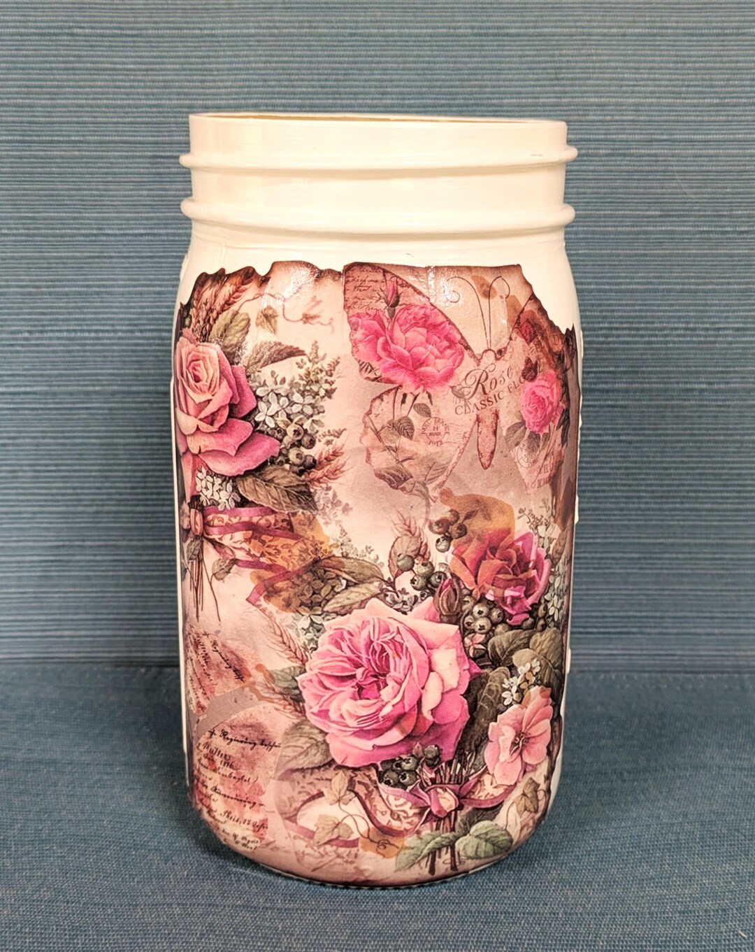Pink Roses Mason Jar, Faux Aged Image, Decoupaged, Quart Mason Jar ...