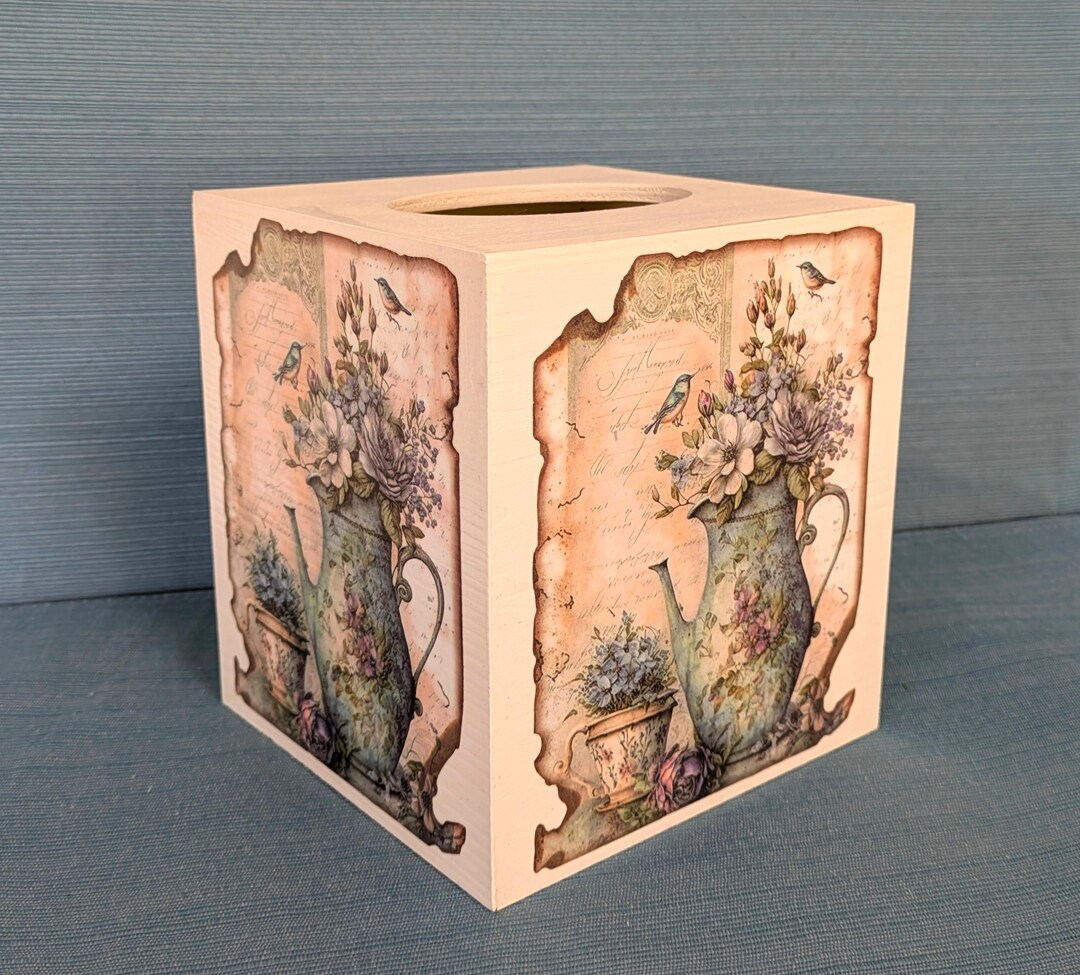 Pitcher, Flowers and Birds Decoupaged Papers on Vintage White Painted ...