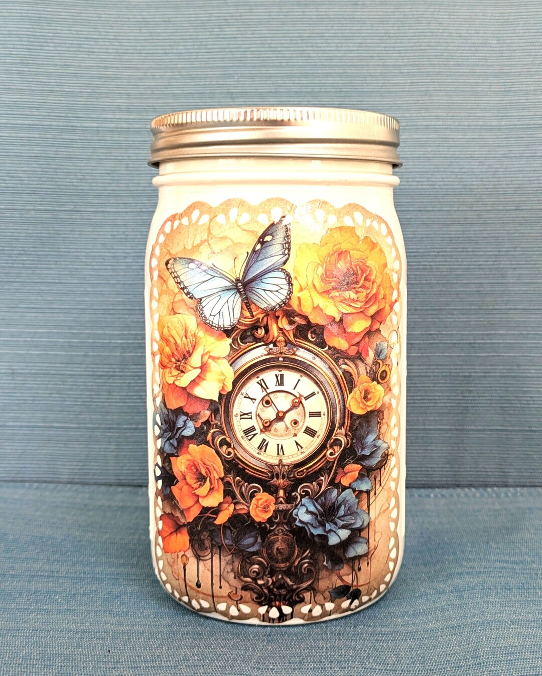 Blue and Orange Butterfly and Flowers Centerpiece, Vase, Decoupaged ...