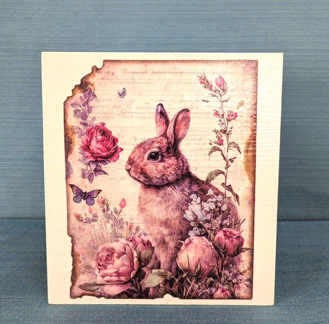 Rabbit Decoupaged Papers on Vintage White Painted Wood, Square Tissue ...