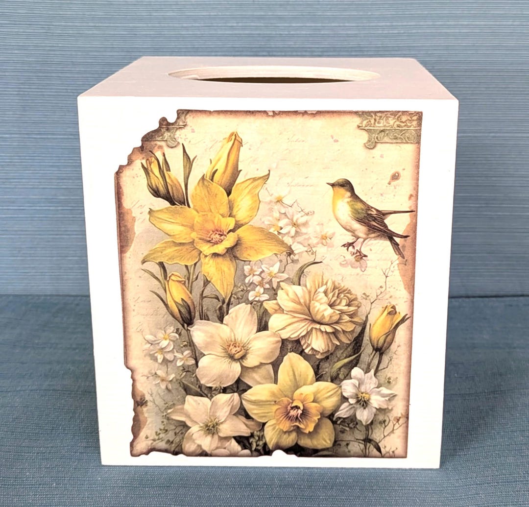 Daffodils and Bird Decoupaged Papers on Vintage White Painted Wood ...