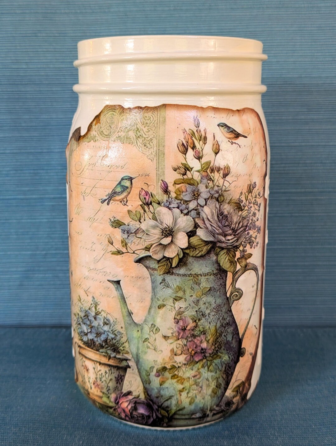 Pitcher, Cup, Flower and Birds Decoupaged Quart Mason Jar, Picture on ...