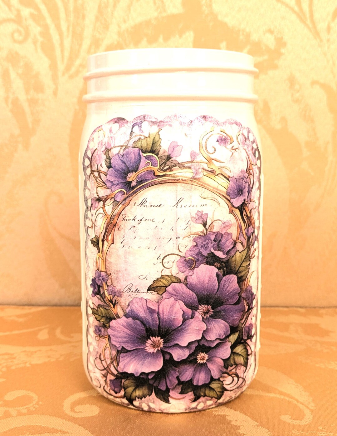 Purple Flowers Decoupaged Quart Mason Jar, Victorian, Vintage Decor ...