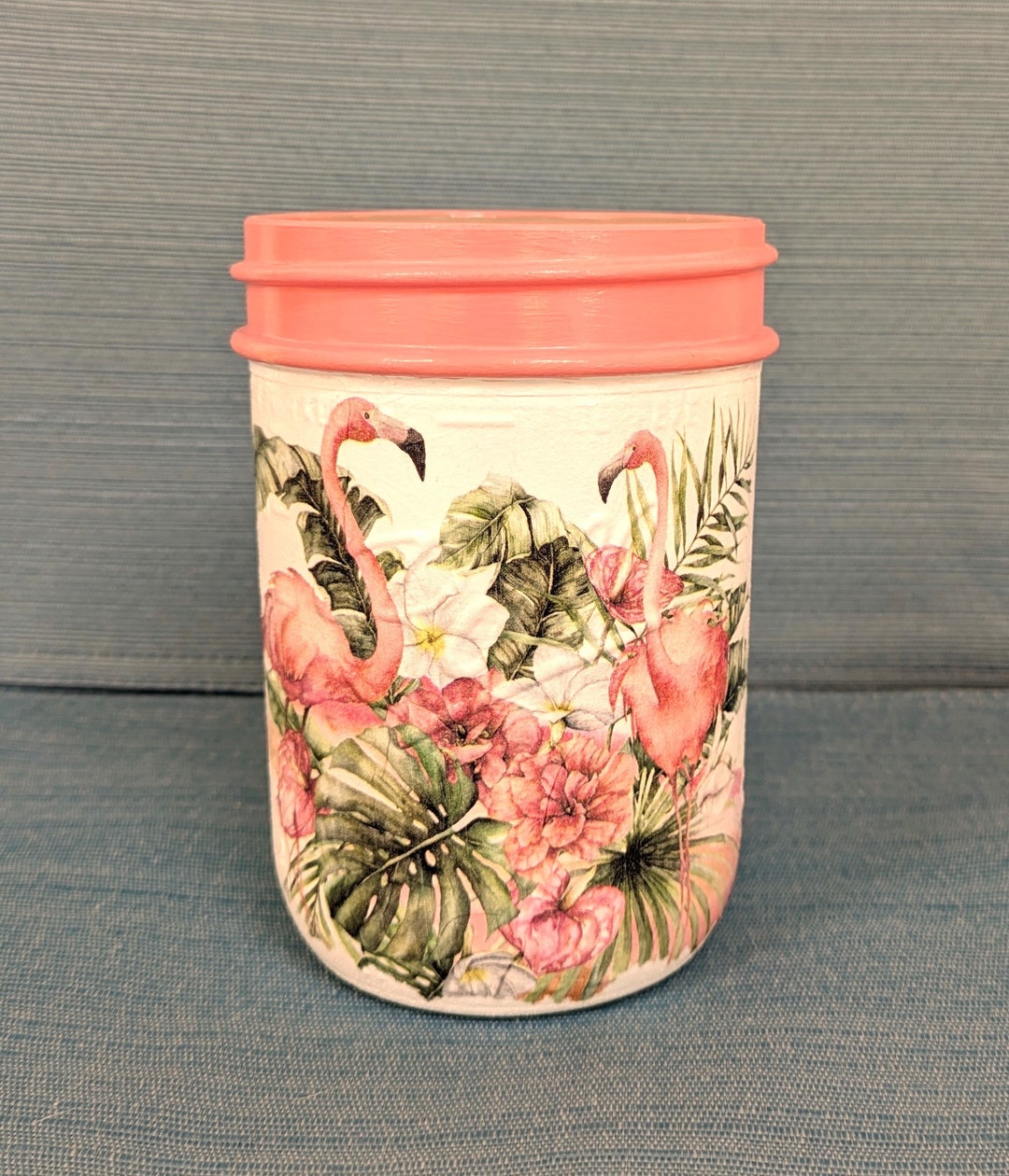 Flamingo Mason Jar, Painted and Decoupaged Mason Jar, Pen and Pencil ...