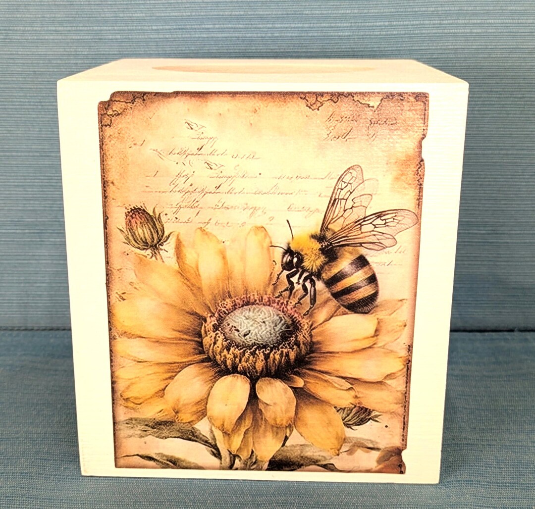 Bee and Flower Decoupaged Papers on Vintage White Painted Wood, Square ...