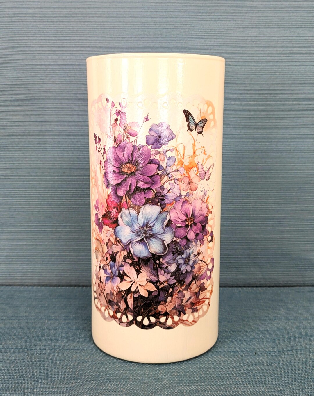 Blue and Purple Flowers Decoupaged Cylinder Glass Vase, 3 X 7 Inches ...