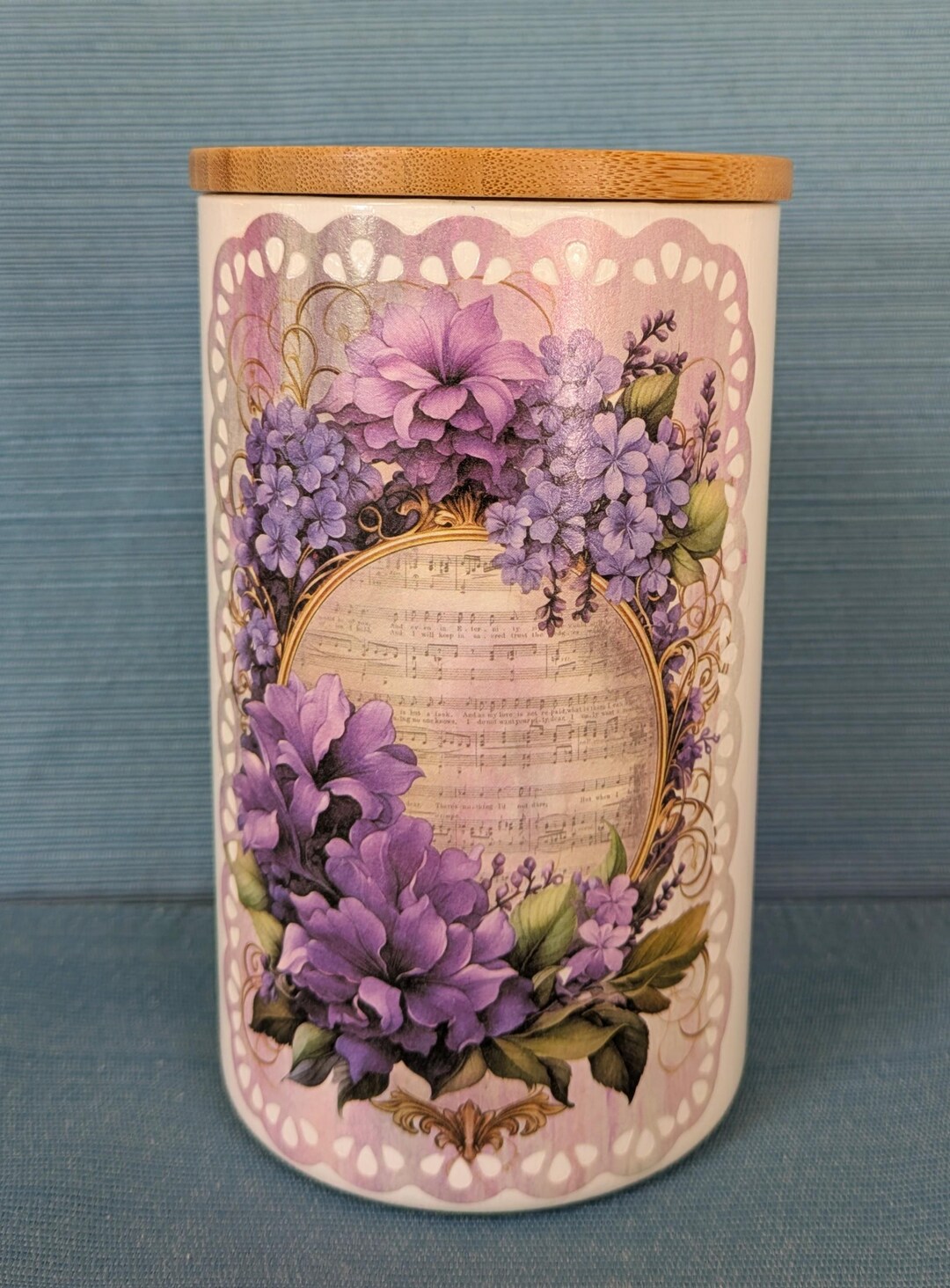 Lavender and Purple Floral Centerpiece, Vase, Glass Jar, Decoupaged ...