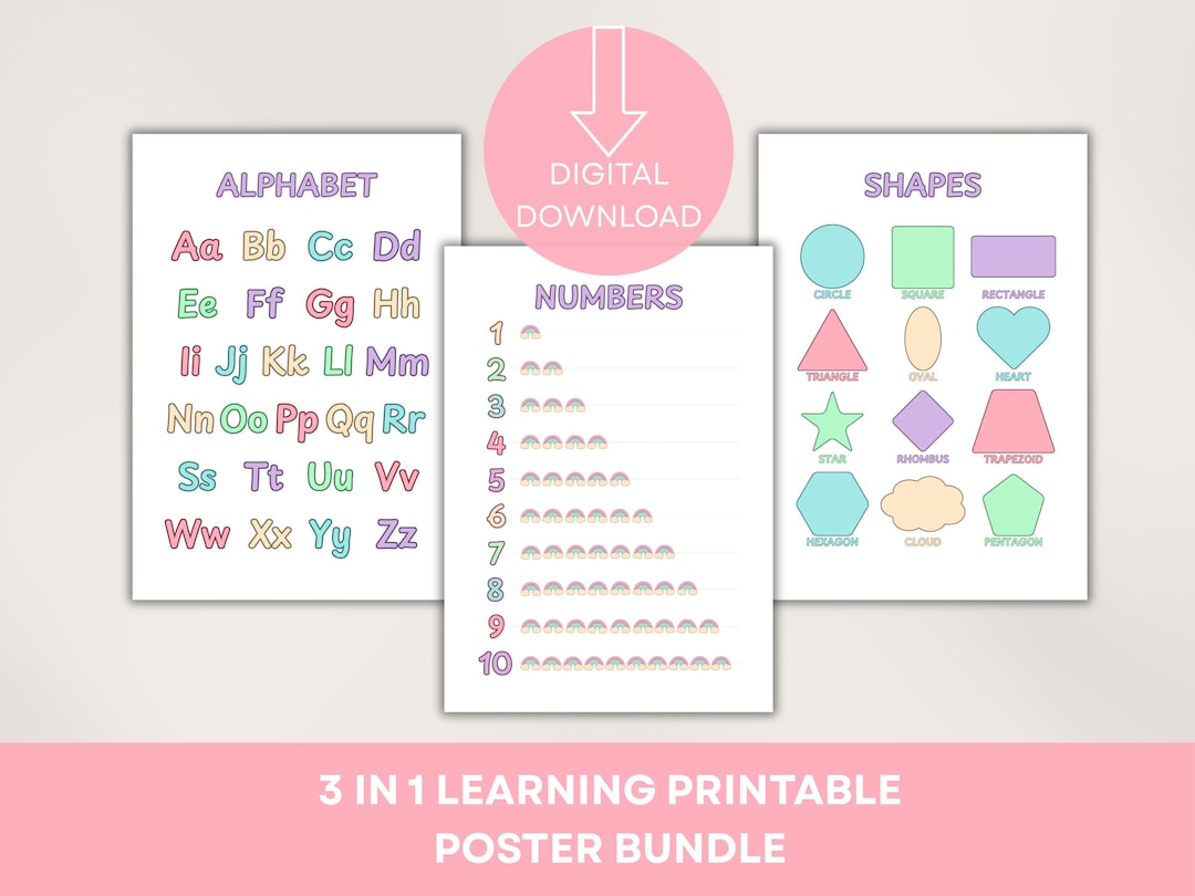 Alphabet, Numbers & Shapes Printable Posters for Kids – Pastel ...
