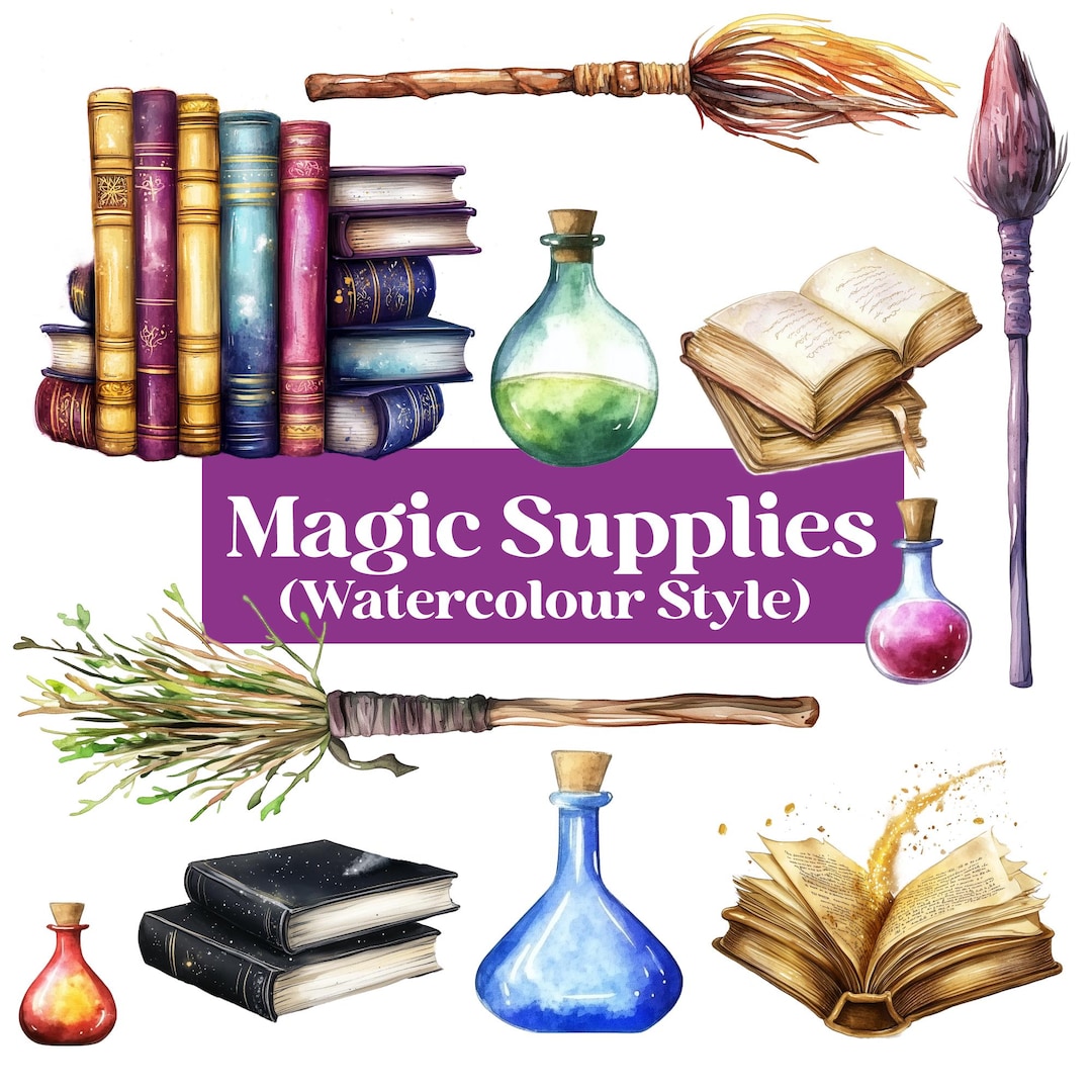 Watercolor Magic Clipart Spell Books, Broomsticks, Magic Wands and ...