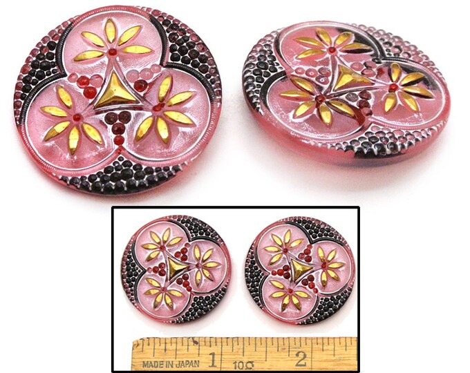 2pc FOCAL 32mm Vintage Czech Glass Pink TREFOIL Art Deco Triple FLOWER ...