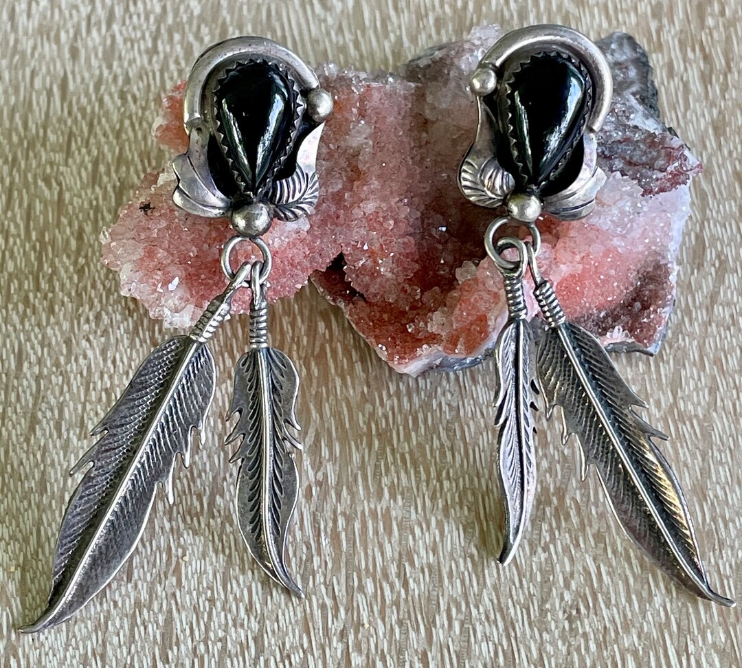 Vintage Navajo Native American Black Onyx Dangling Leaf Shot Balls Hand ...
