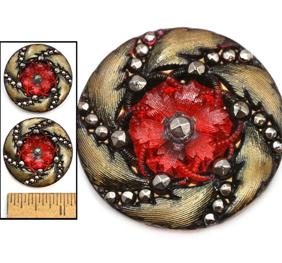 2pc 32mm Vintage Czech Glass RUBY RED Matte Dk Gold Spiral Flower ...