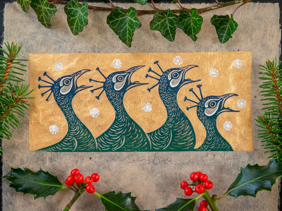 Four Calling Birds - Twelve Days of Christmas. Hand Made Linocut of ...