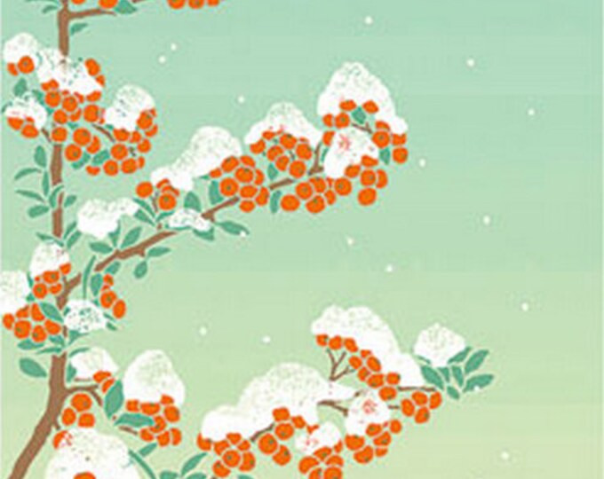 Japanese Tenugui Fabric, Snowy Mountain, Red Fruits, Bird, Emerald Blue ...