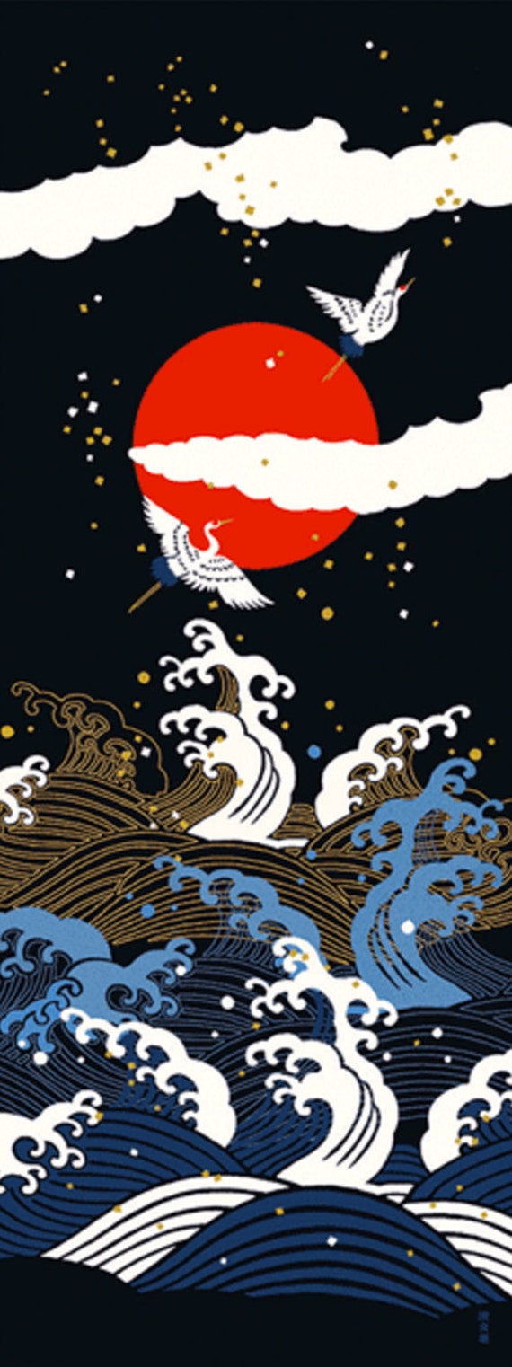 Powerful Big Wave & Red Sun Japanese Hand Dyed Modern Tenugui | Etsy