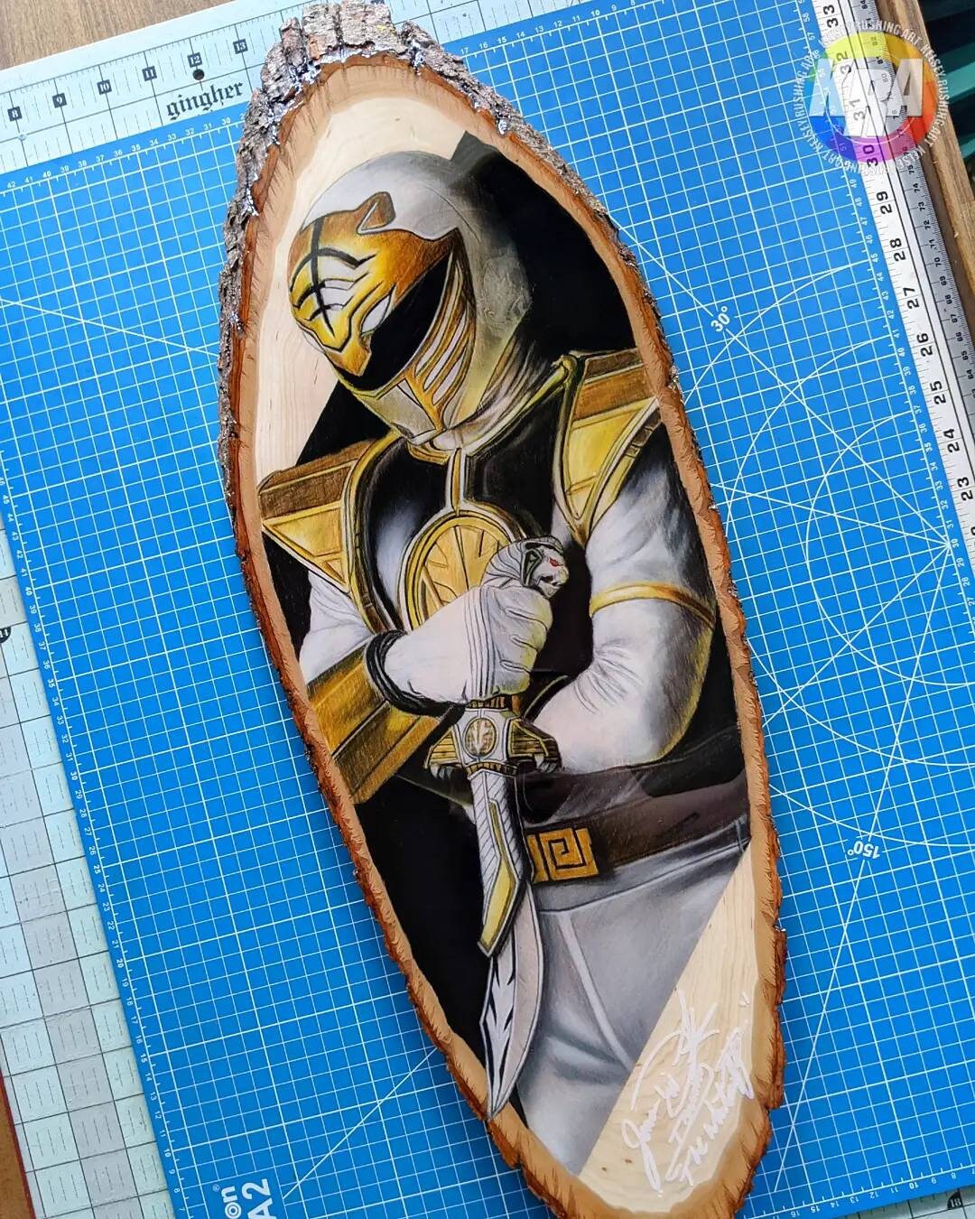 Autographed White Ranger Original Drawing on Wood Autographed White Ranger Original Drawing on Wood