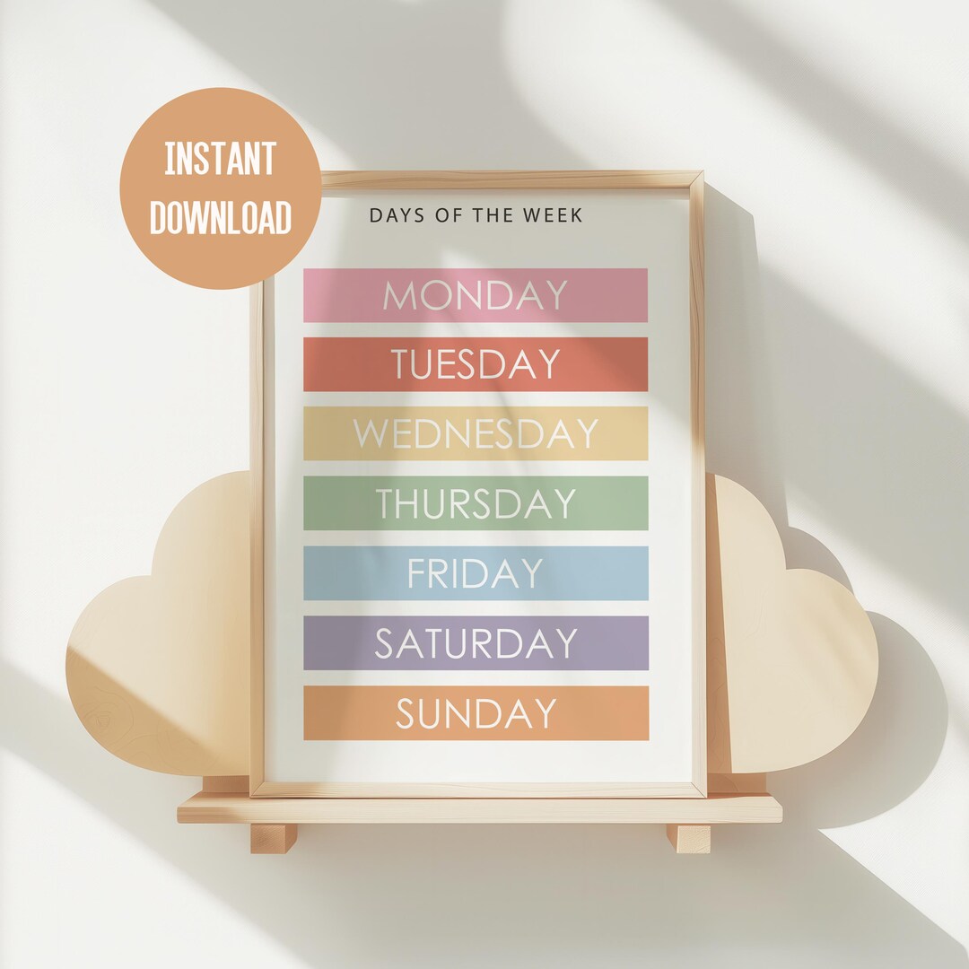 Rainbow Days of the Week, Playroom Educational Poster, Rainbow Nursery ...