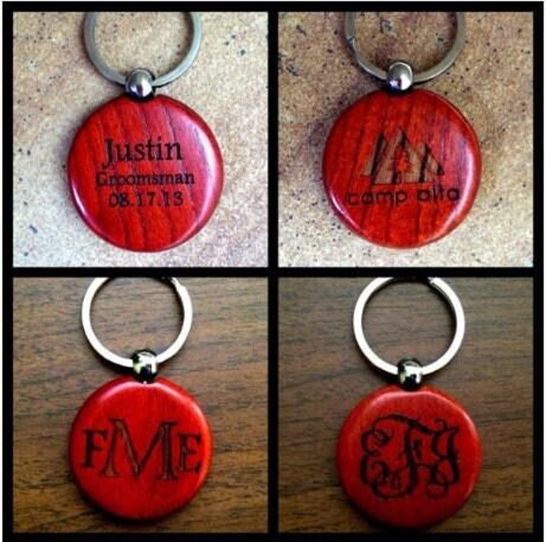 Personalized Round Wood Key Fob, Custom Engraved Key Ring - Wedding ...
