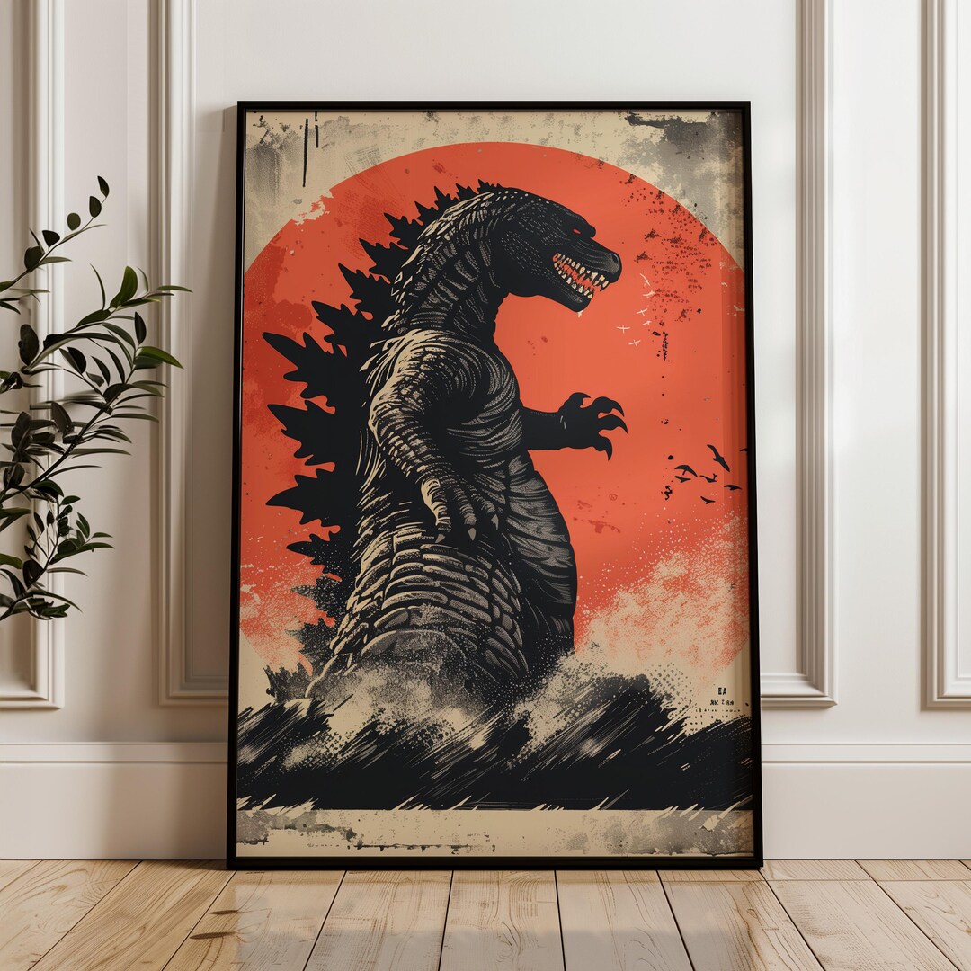 Godzilla Vintage Print, Movie Wooden Framed Vertical Poster - Etsy