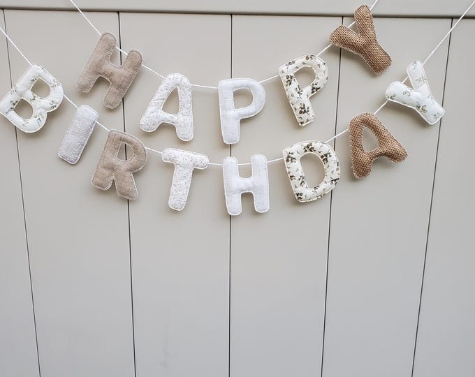 Happy Birthday Banner, Fabric Letter Bunting, Neutral, Banner,linen ...