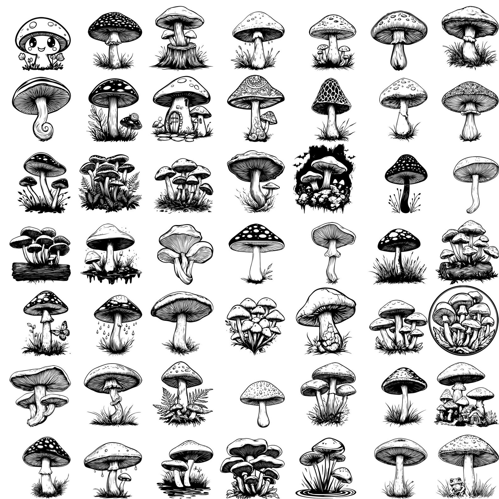 250 Mushroom Bundle Svg, Dxf, Eps, Ai, Pdf, Jpg, Png Mystical Grayscale ...