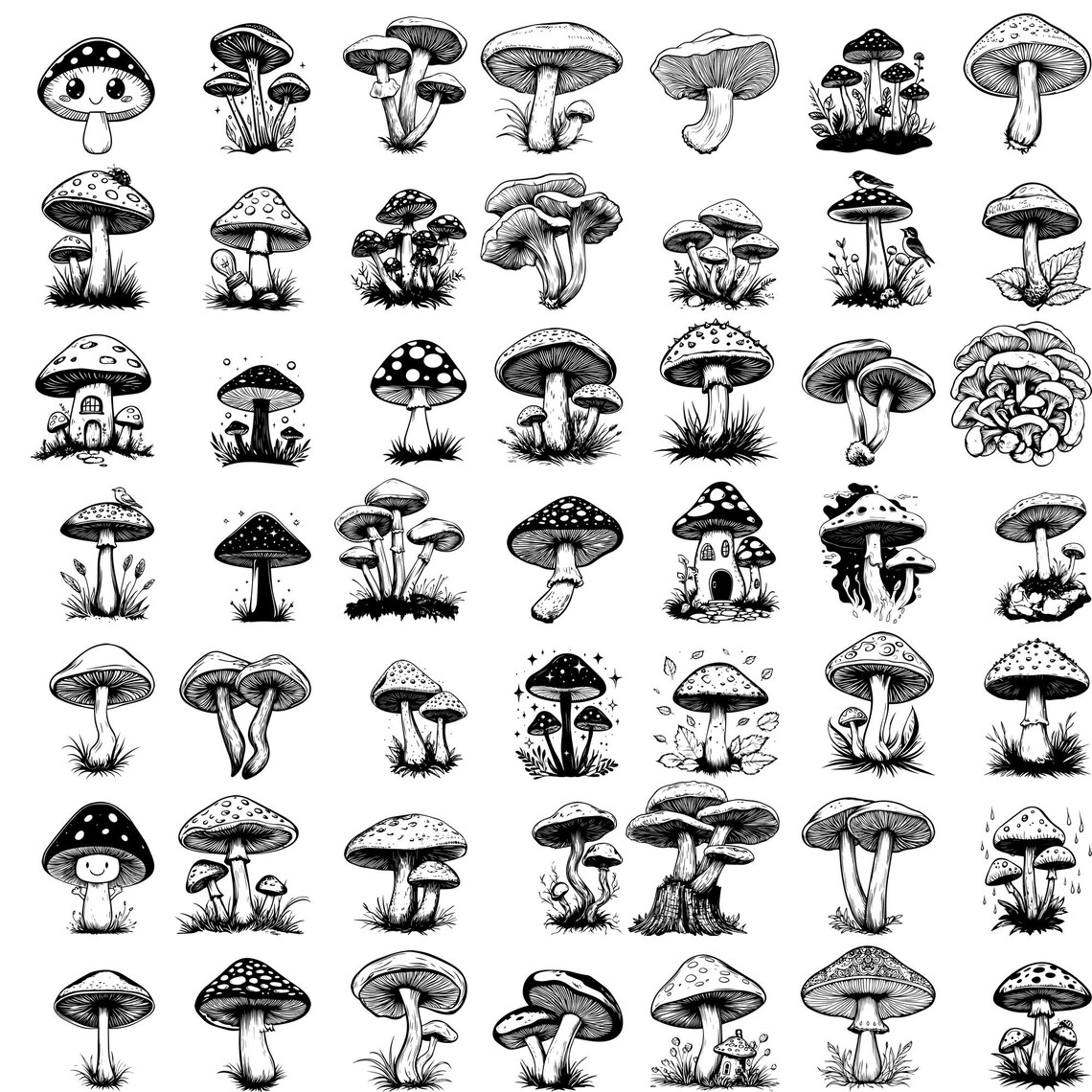 250 Mushroom Bundle Svg, Dxf, Eps, Ai, Pdf, Jpg, Png Mystical Grayscale ...