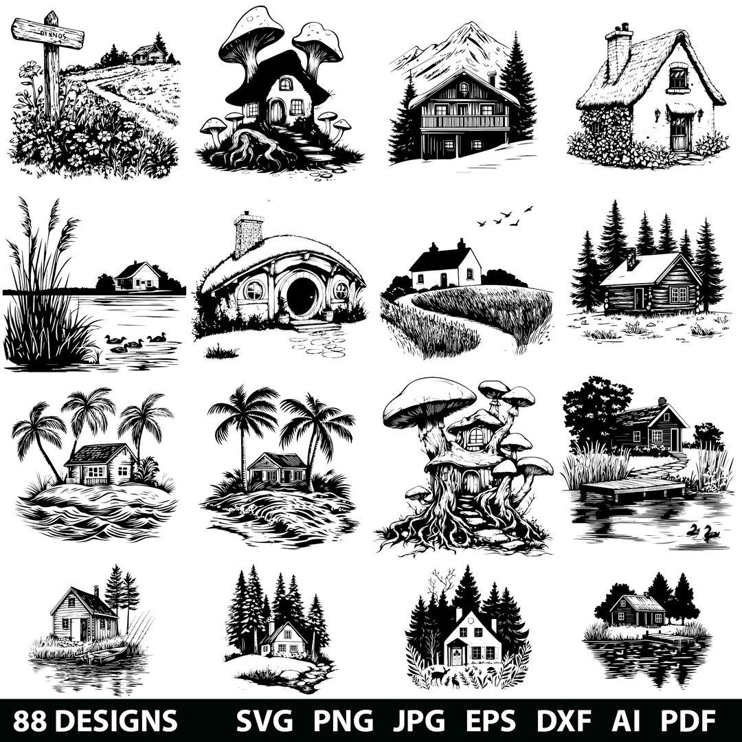88 Houses Laser Svg, Dxf, Eps, Ai, Pdf, Jpg, Png Cottage Home Grayscale ...