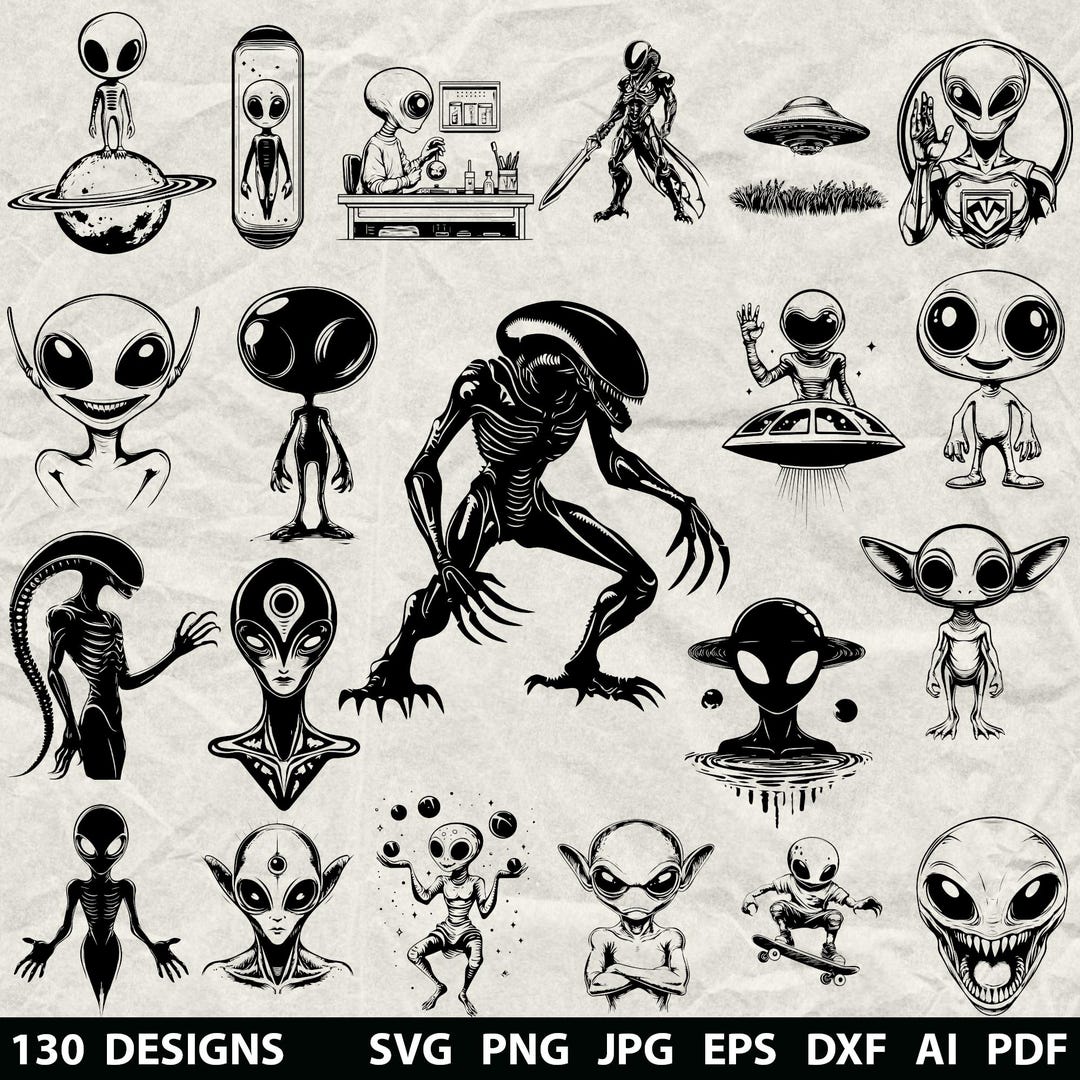 130+ Aliens Bundle Svg, Dxf, Eps, Ai, Pdf, Jpg, Png Spaceship Grayscale ...
