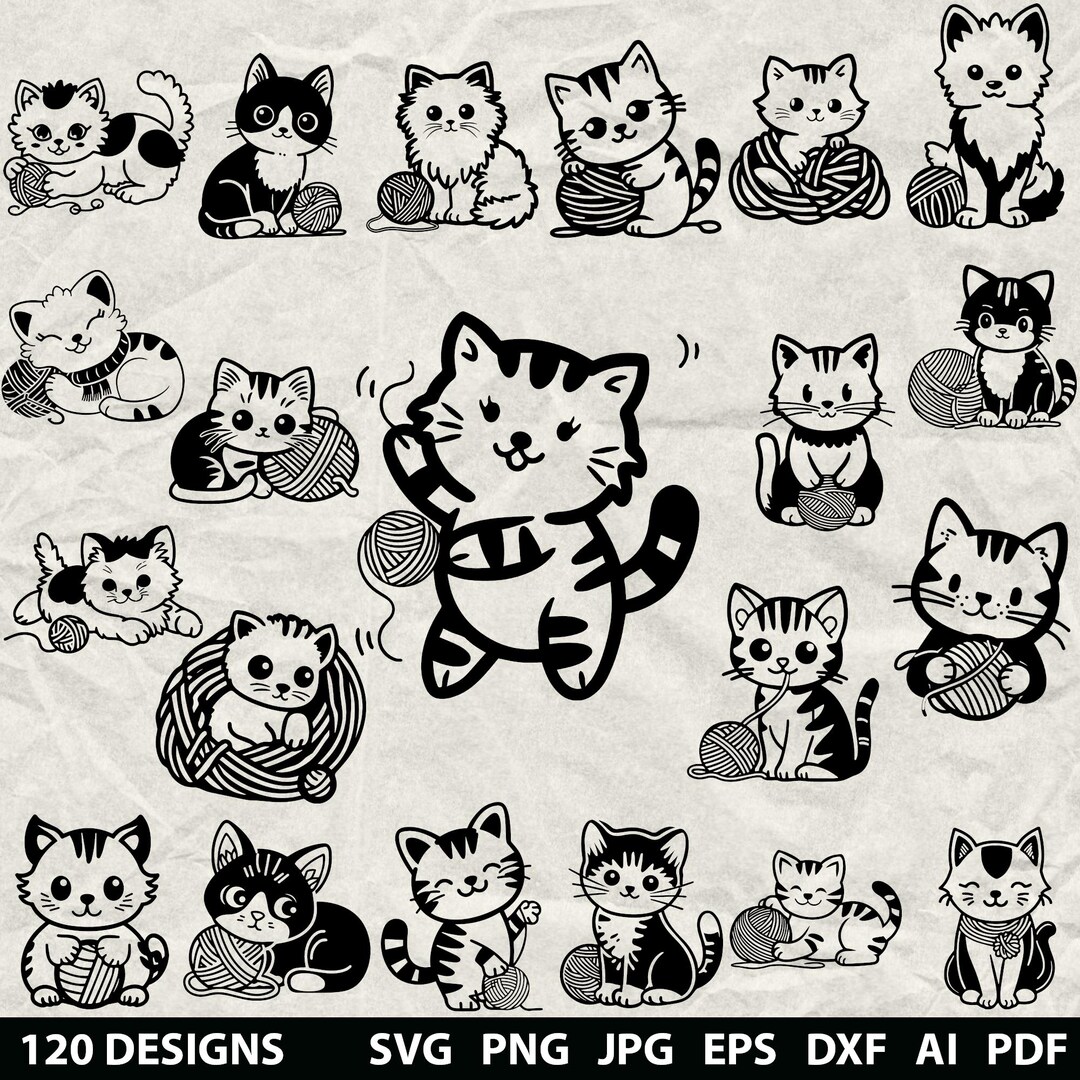 120 Kittens With Yarn Svg, Dxf, Eps, Ai, Pdf, Jpg, Png Grayscale Burn ...