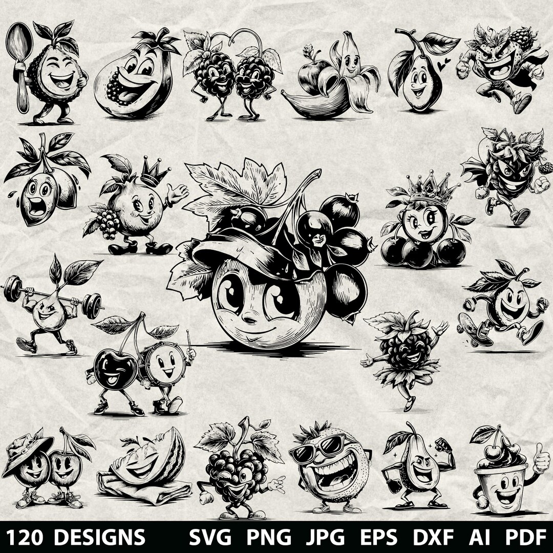 120 Kawaii Fruits Svg, Dxf, Eps, Ai, Pdf, Jpg, Png Food Grayscale Burn ...