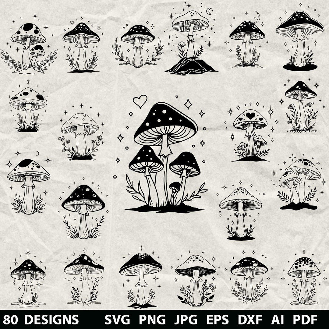 80 Mystical Mushroom Bundle Svg, Dxf, Eps, Ai, Pdf, Jpg, Png Grayscale ...