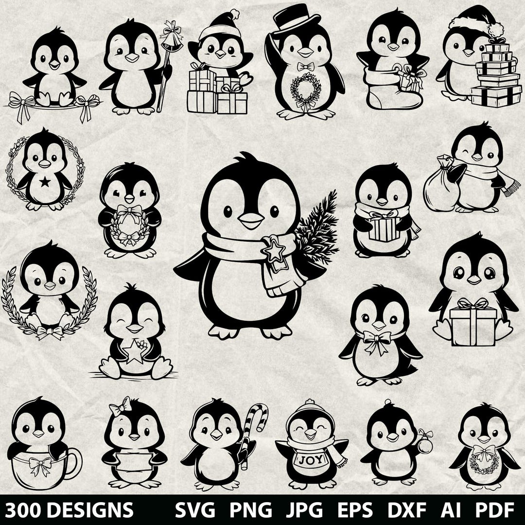 300 Penguin Bundle Svg, Dxf, Eps, Ai, Pdf, Jpg, Png Winter Grayscale ...