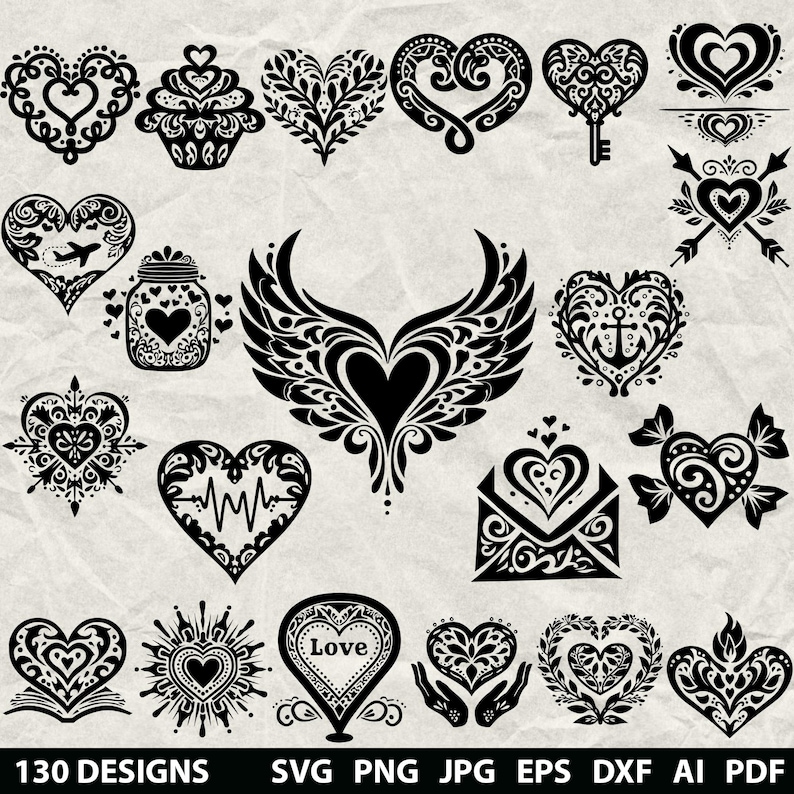 100 Heart Bundle Svg, Dxf, Eps, Ai, Pdf, Jpg, Png Grayscale Burn Image ...