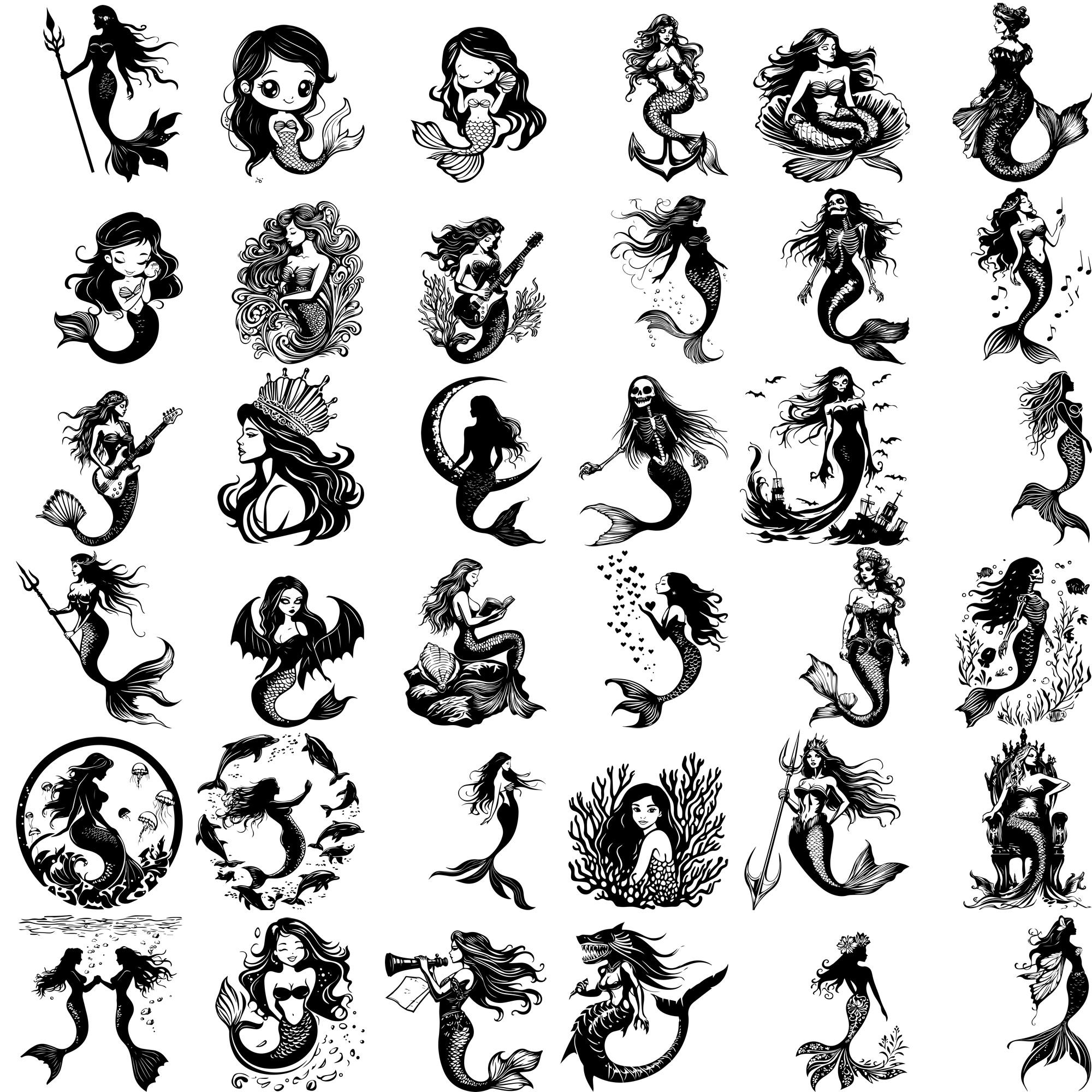 128 Mermaid Svg, Dxf, Eps, Ai, Pdf, Jpg, Png Ocean Animals Grayscale ...