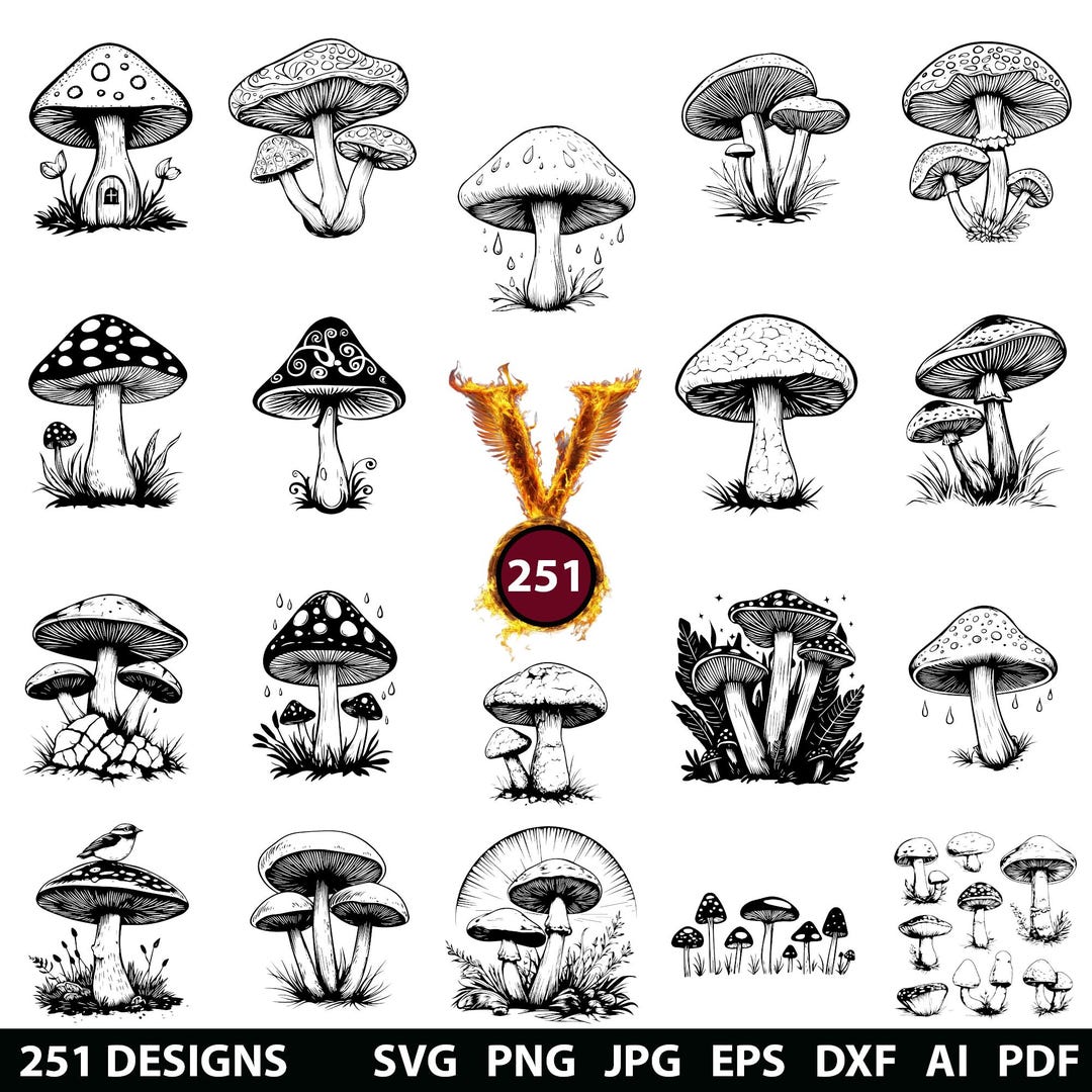 251 Mushroom Bundle Svg, Dxf, Eps, Ai, Pdf, Jpg, Png Mystical Grayscale ...