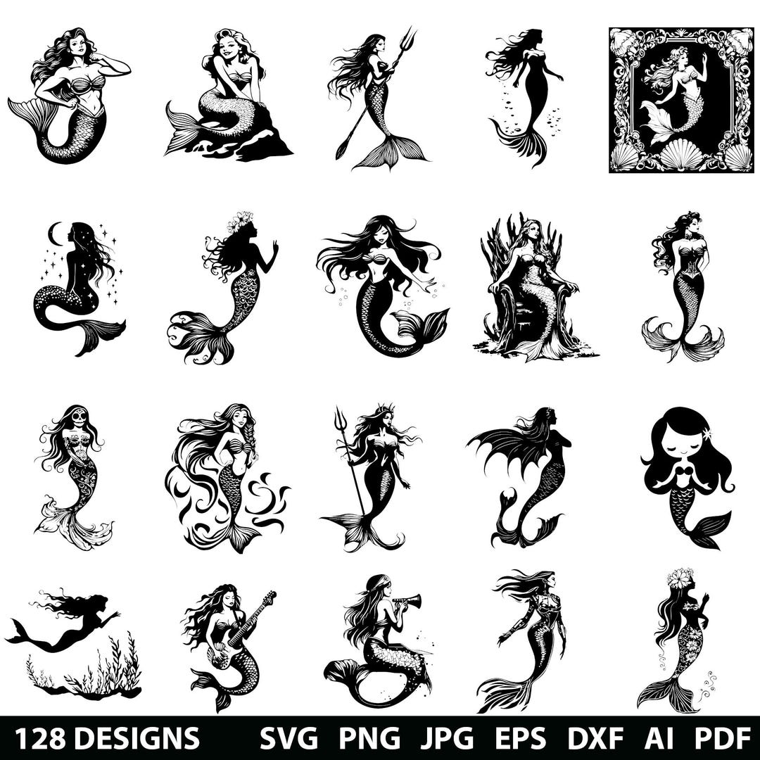128 Mermaid Svg, Dxf, Eps, Ai, Pdf, Jpg, Png Ocean Animals Grayscale ...