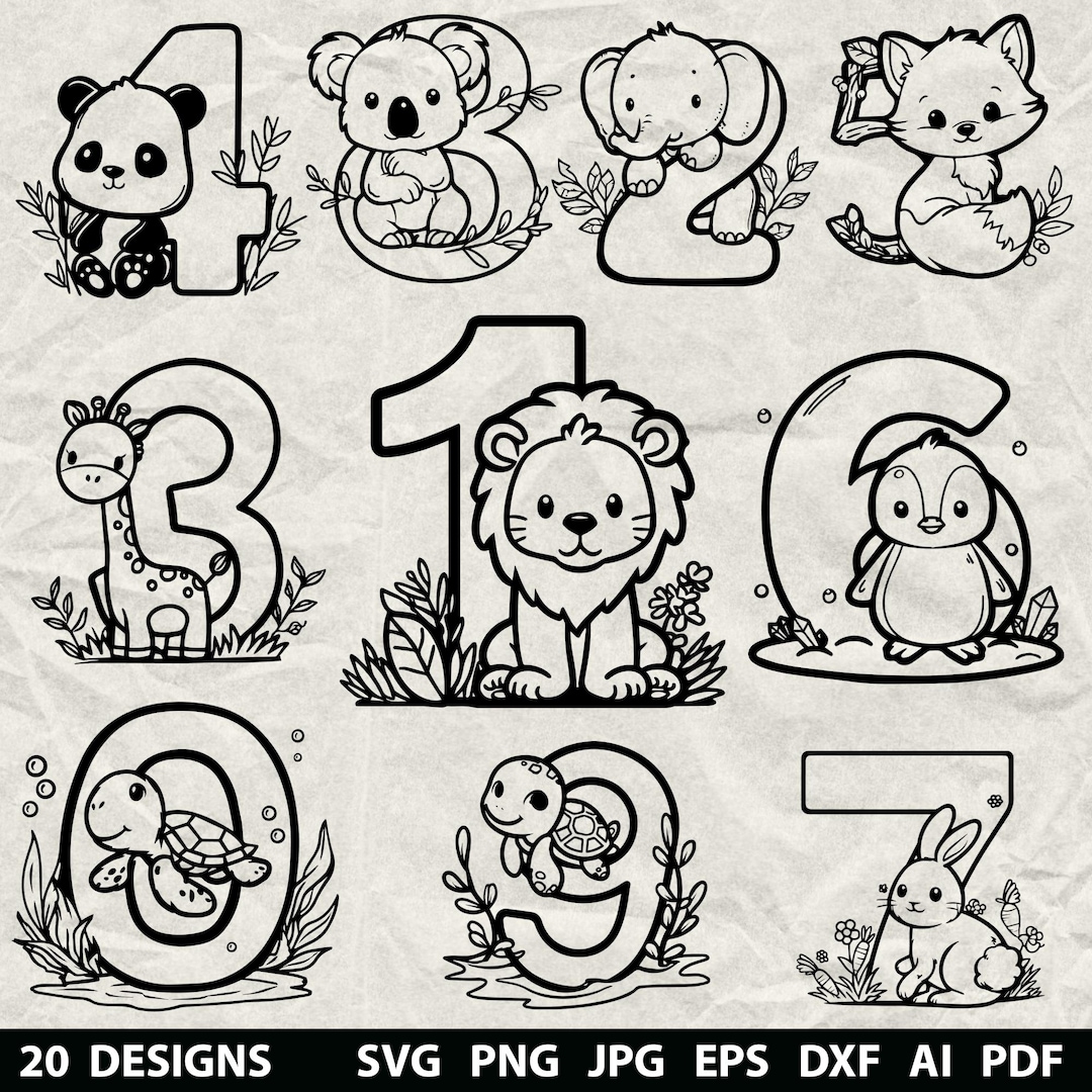 20 Animal Number Bundle Svg, Dxf, Eps, Ai, Pdf, Jpg, Png Grayscale Burn ...