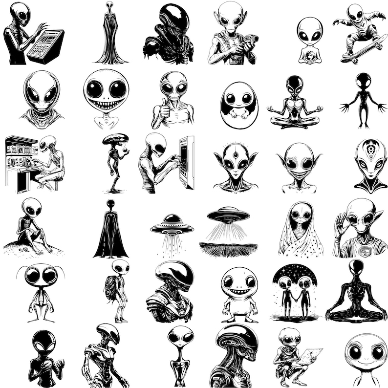 130+ Aliens Bundle Svg, Dxf, Eps, Ai, Pdf, Jpg, Png Spaceship Grayscale ...