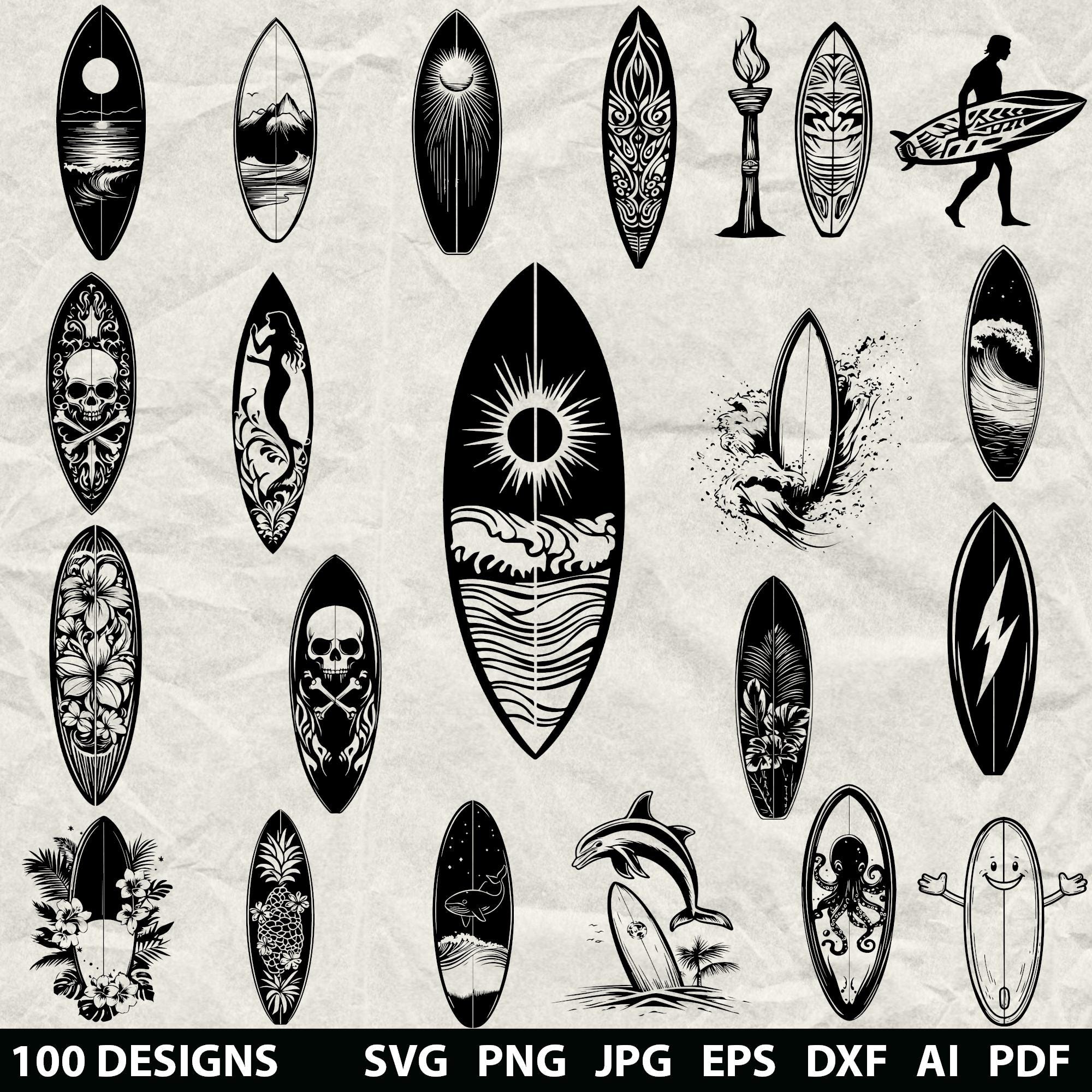 100 Surfboard Bundle Svg, Dxf, Eps, Ai, Pdf, Jpg, Png Grayscale Burn ...