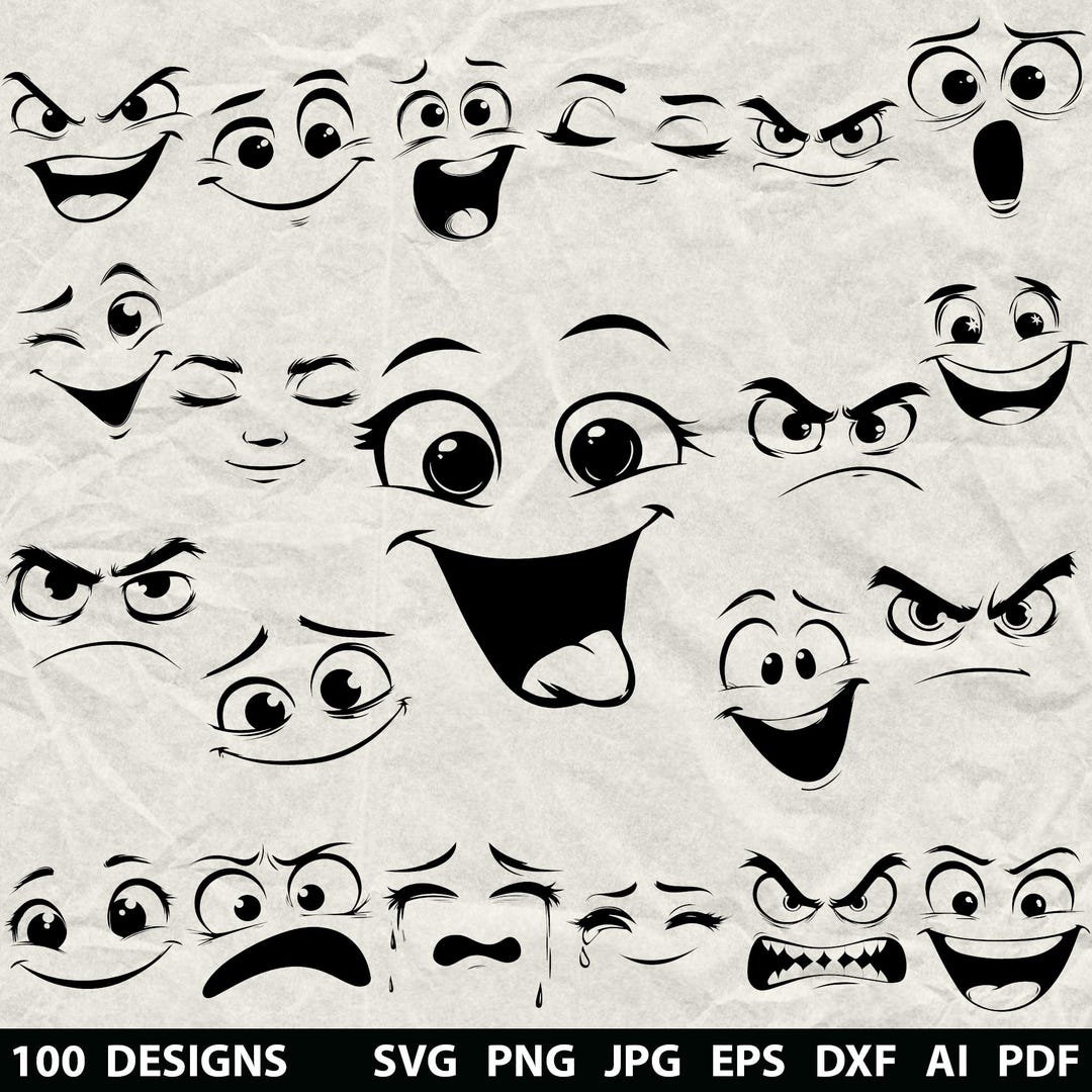 100 Emotion Face Bundle Svg, Dxf, Eps, Ai, Pdf, Jpg, Png Grayscale Burn ...