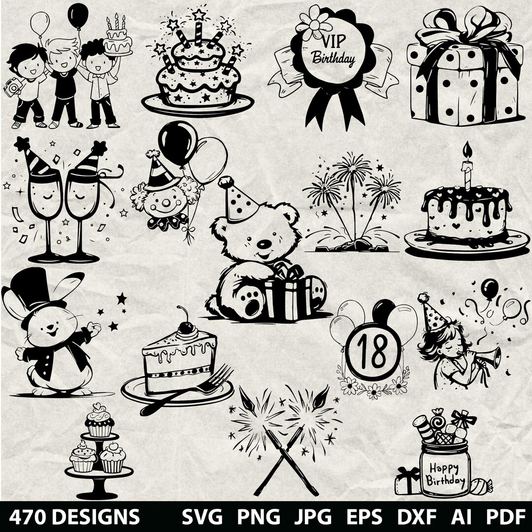 470 Birthday Party Svg, Dxf, Eps, Ai, Pdf, Jpg, Png Drawing Grayscale ...